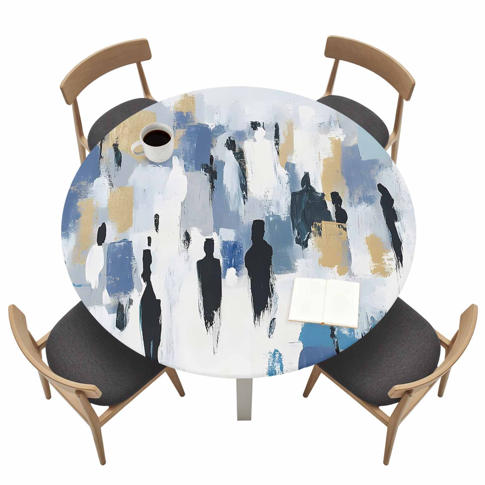 Abstract Color Block Round Fitted Tablecloth with Elastic Edge Blue ...
