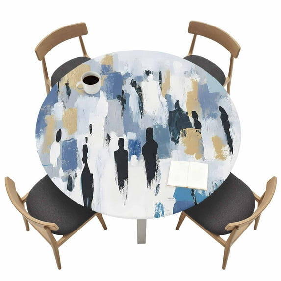 Abstract Color Block Round Fitted Tablecloth with Elastic Edge Blue ...
