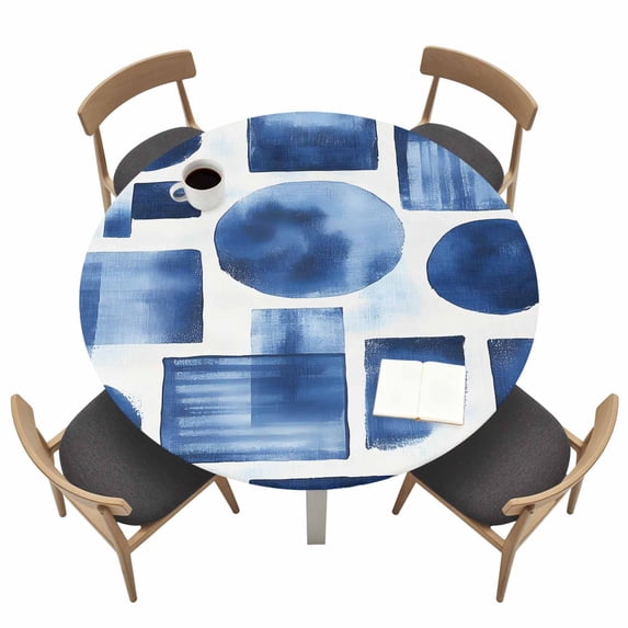 Abstract Color Block Round Fitted Tablecloth with Elastic Edge Blue ...