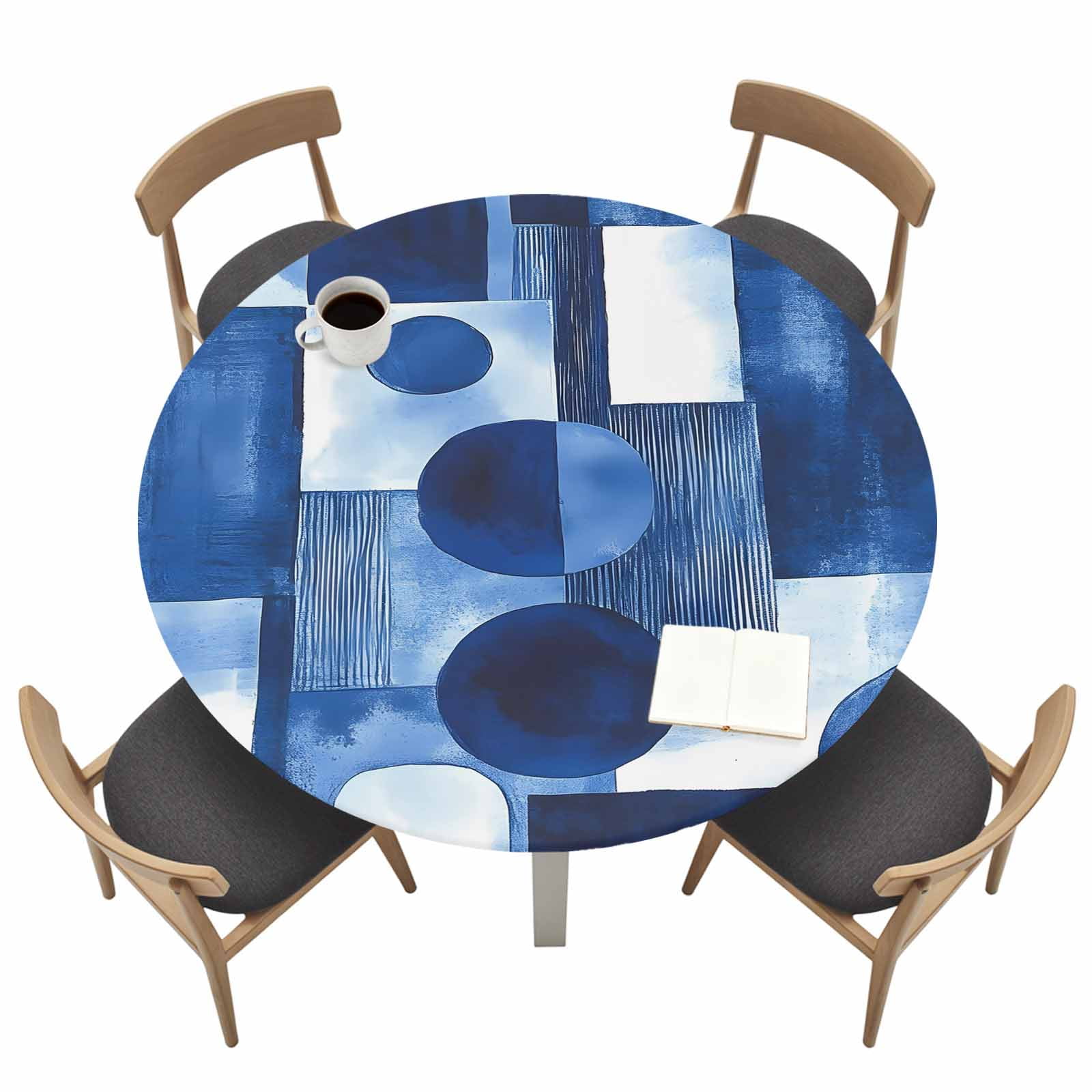 Abstract Color Block Round Fitted Tablecloth with Elastic Edge Blue ...