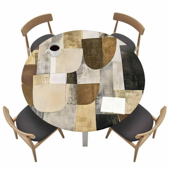Abstract Color Block Round Fitted Tablecloth with Elastic Edge Brown ...