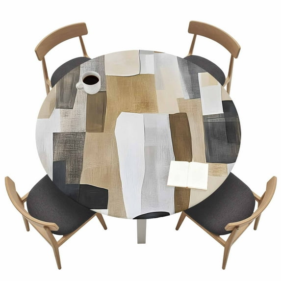 Abstract Color Block Round Fitted Tablecloth with Elastic Edge Brown ...