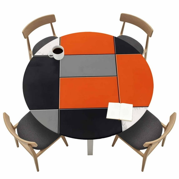 Abstract Color Block Round Fitted Tablecloth with Elastic Edge Orange ...