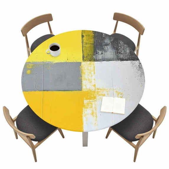Abstract Color Block Round Fitted Tablecloth with Elastic Edge Yellow ...