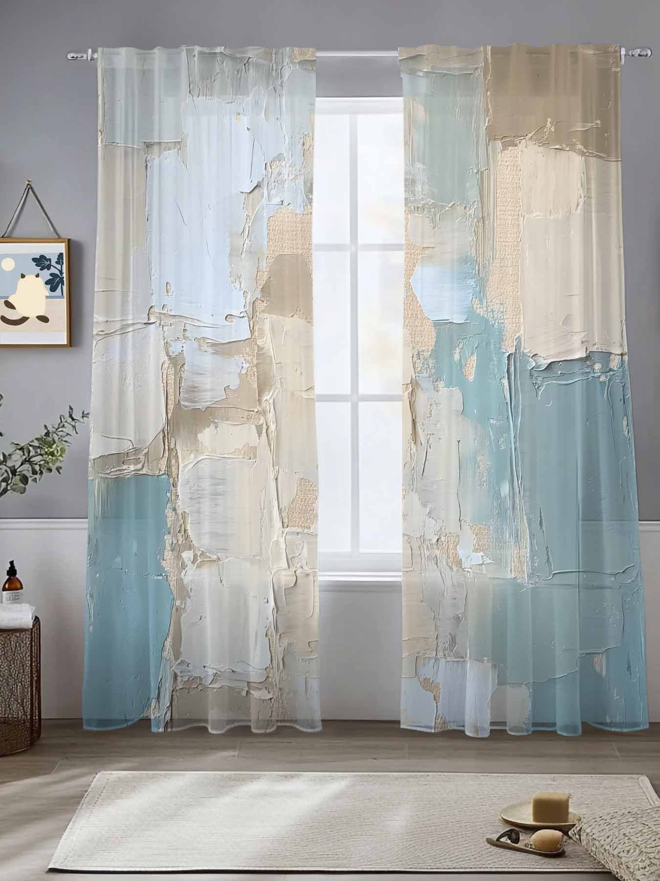Abstract Color Block Sheer Curtains 108 Inches Long 2 Panels Blue ...