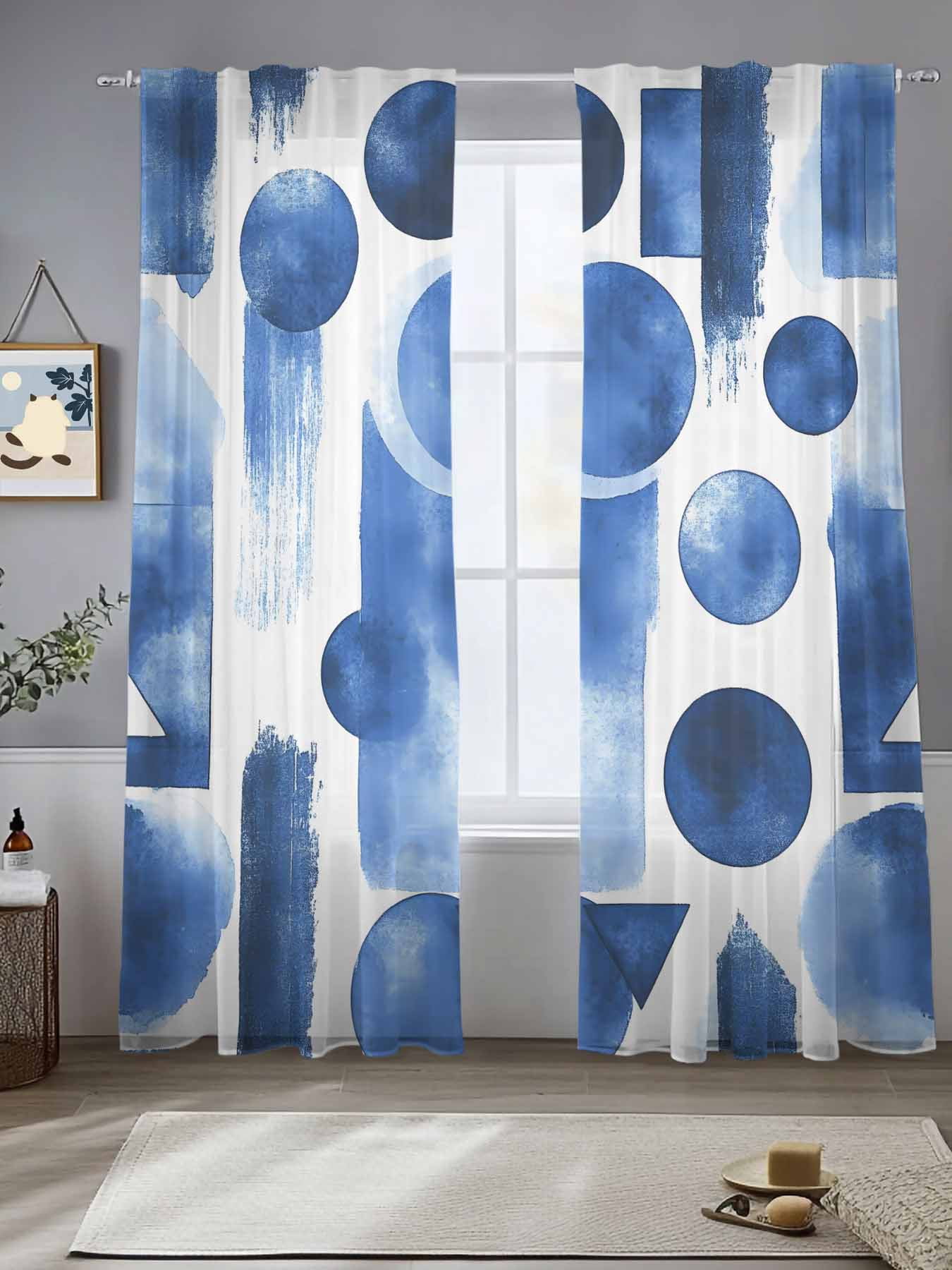 Abstract Color Block Sheer Curtains 108 Inches Long 2 Panels Blue White ...