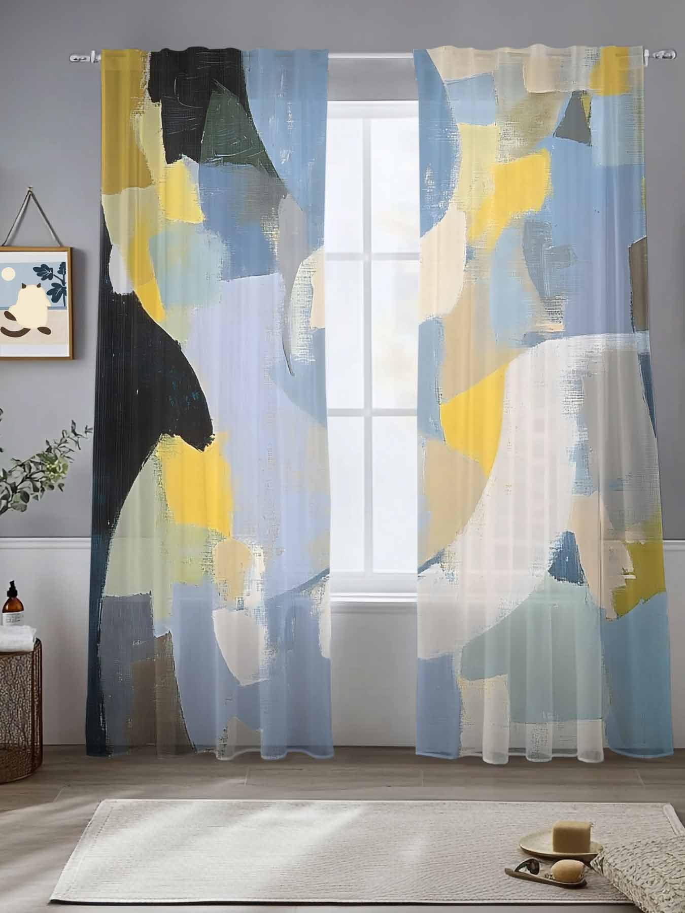 Abstract Color Block Sheer Curtains 108 Inches Long 2 Panels Blue ...