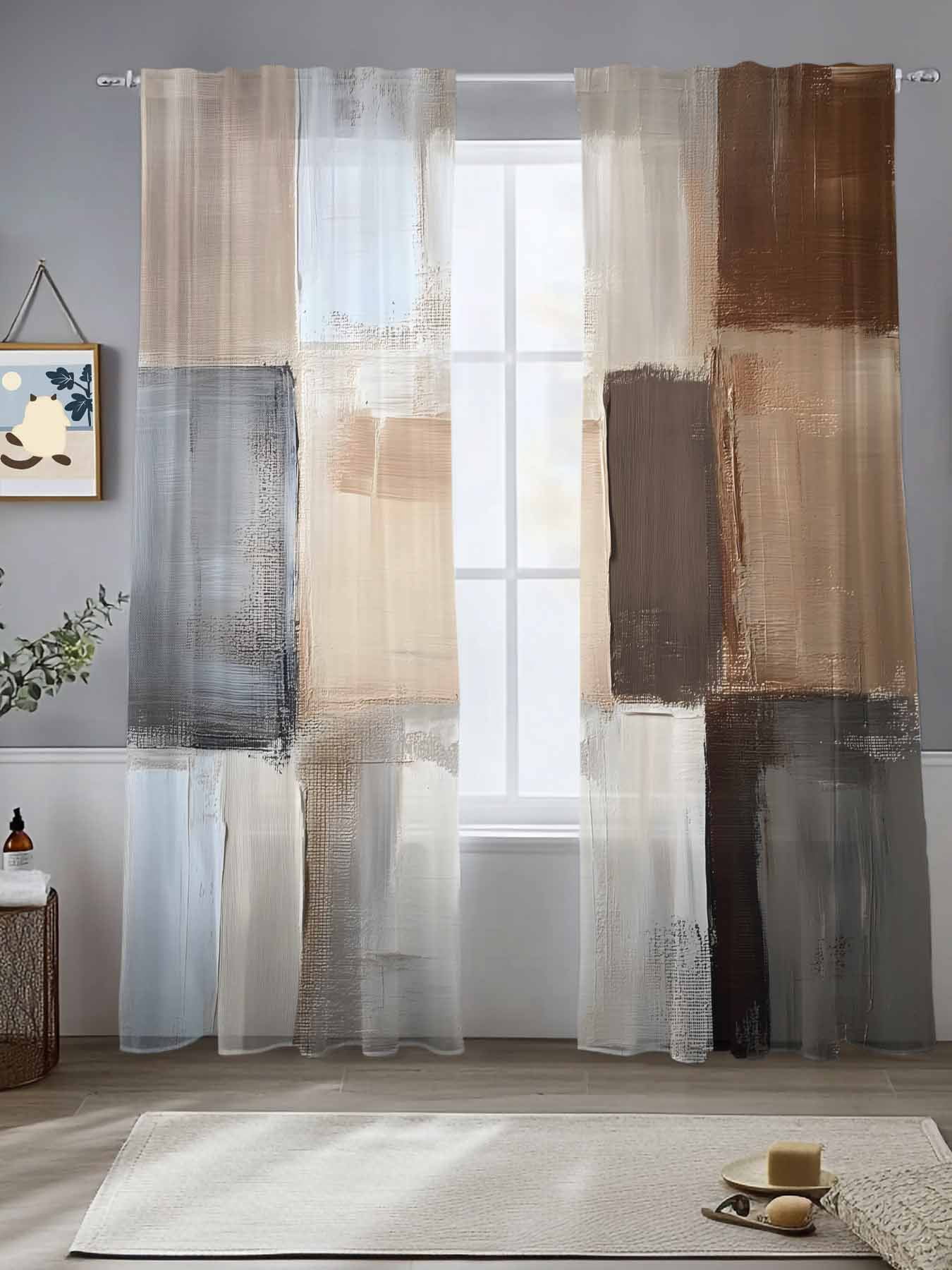 Abstract Color Block Sheer Curtains 108 Inches Long 2 Panels Brown ...