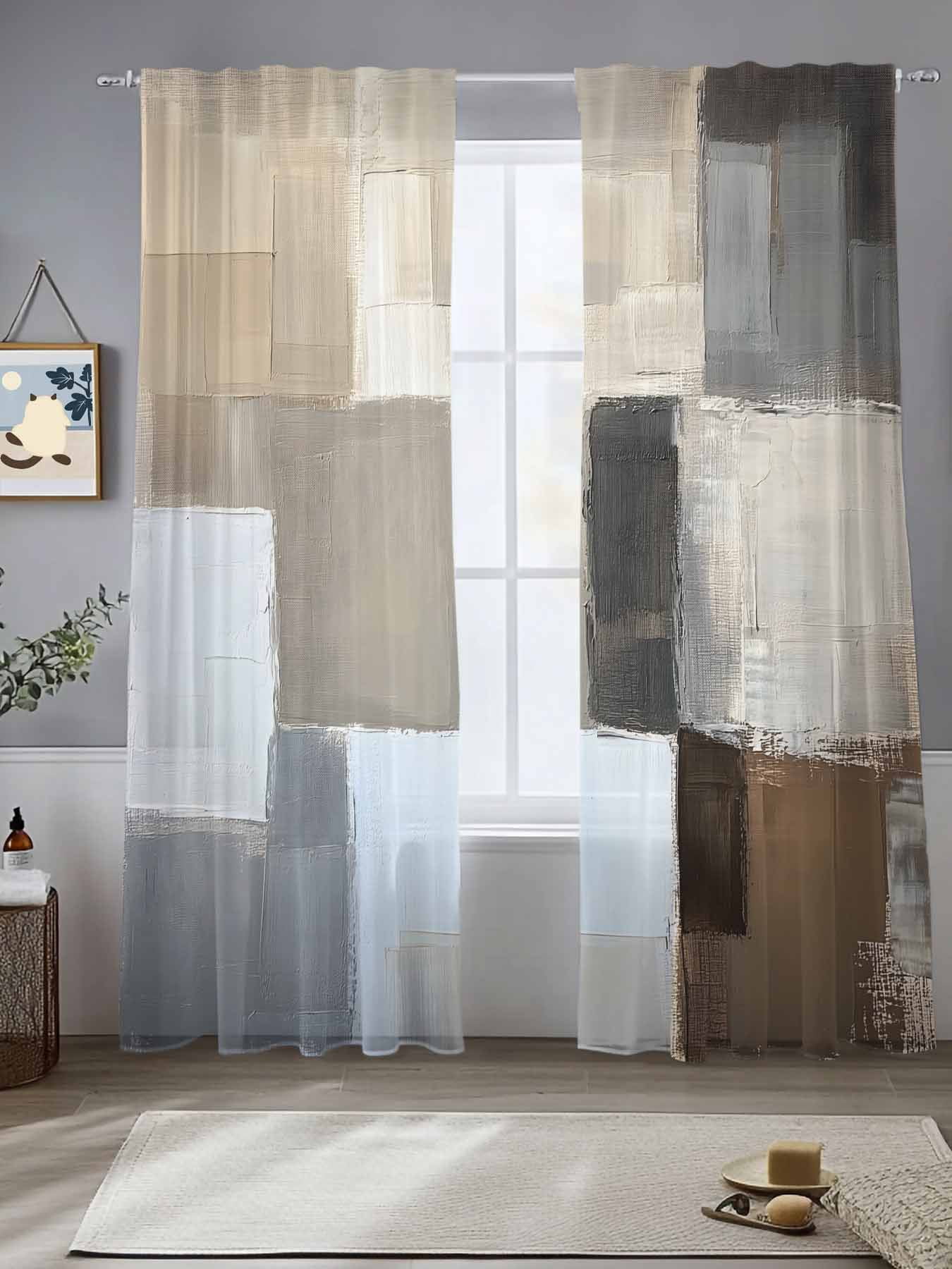 Abstract Color Block Sheer Curtains 108 Inches Long 2 Panels Brown Grey ...