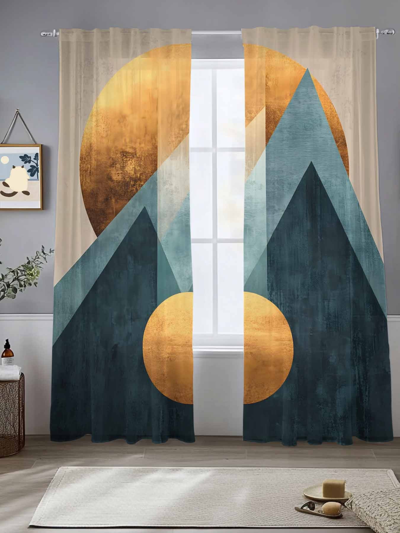 Abstract Color Block Sheer Curtains 108 Inches Long 2 Panels Gold ...