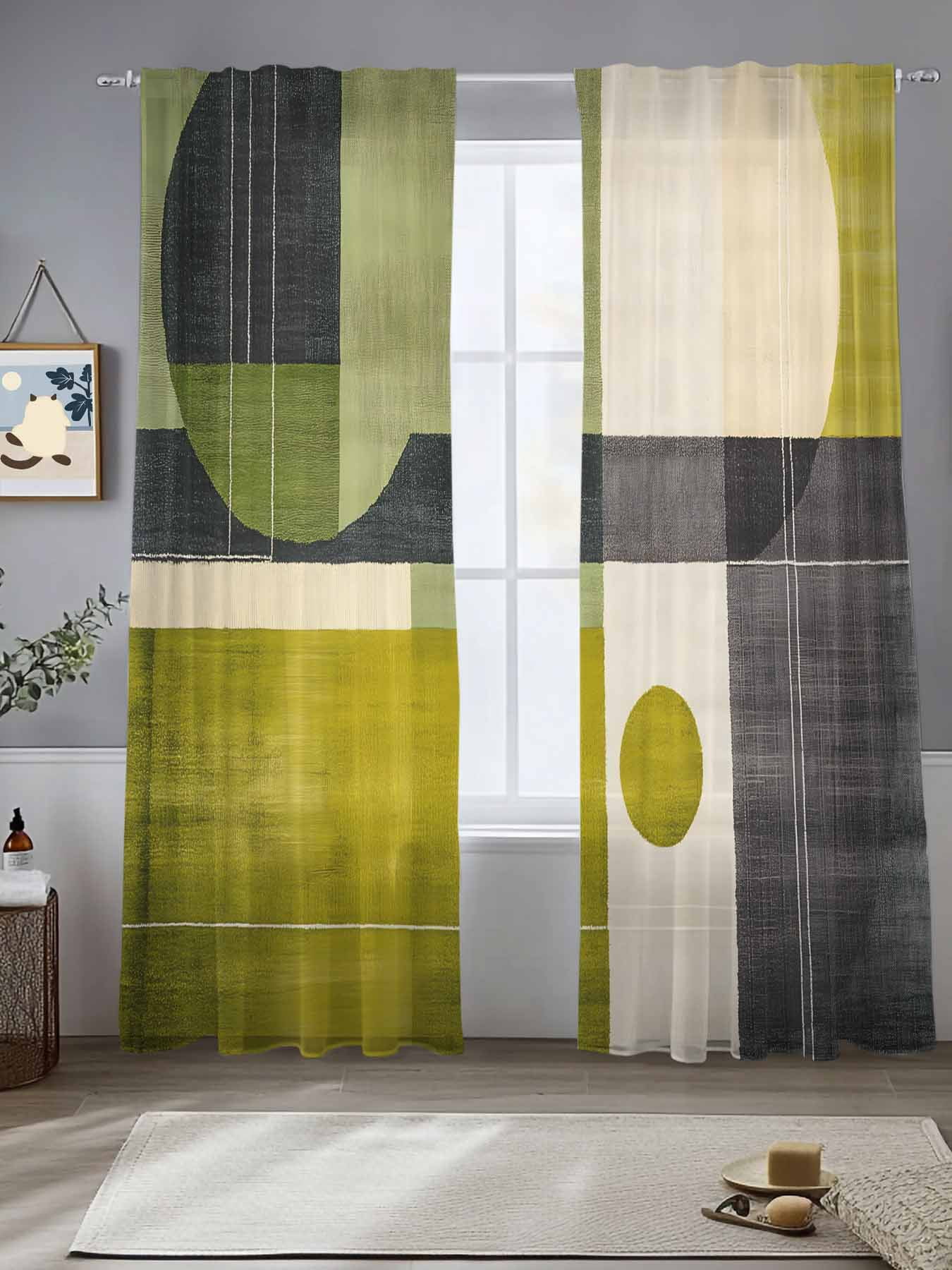 Abstract Color Block Sheer Curtains 108 Inches Long 2 Panels Green ...