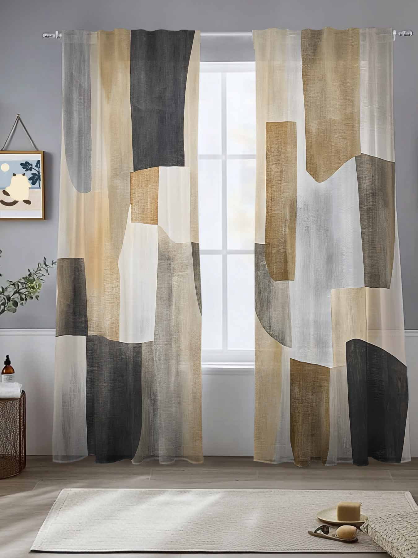 Abstract Color Block Sheer Curtains 108 Inches Long 2 Panels Grey Brown ...