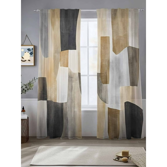 Abstract Color Block Sheer Curtains 108 Inches Long 2 Panels Grey Brown ...