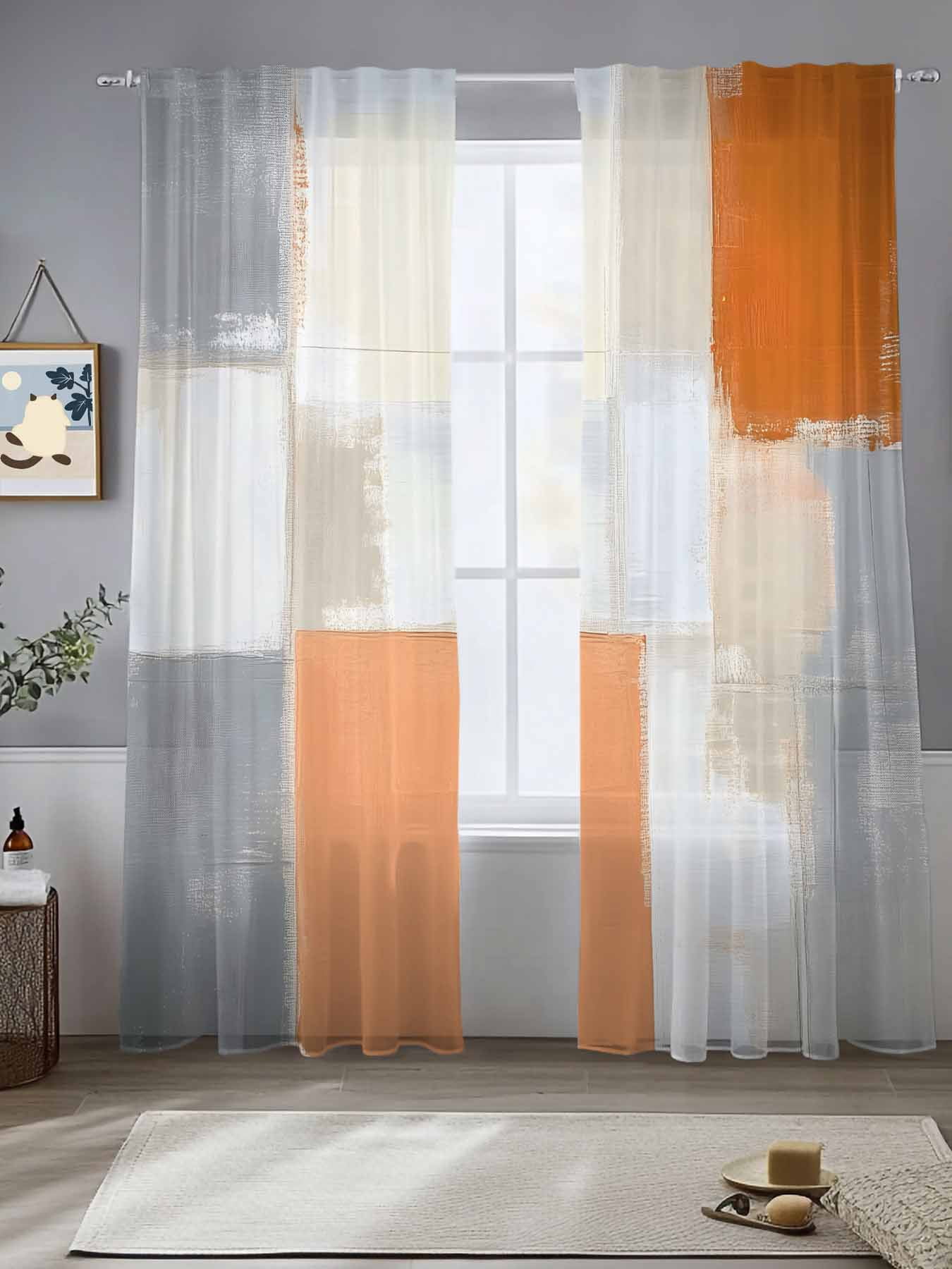 Abstract Color Block Sheer Curtains 108 Inches Long 2 Panels Grey ...