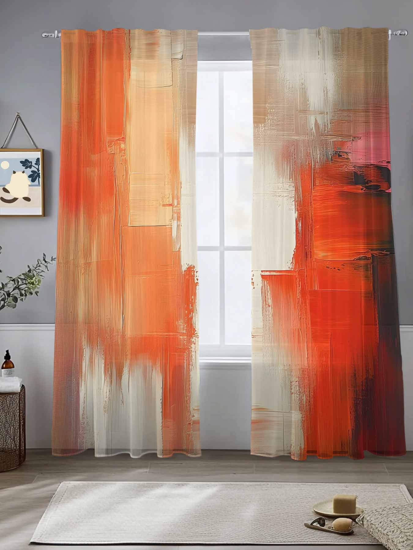 Abstract Color Block Sheer Curtains 108 Inches Long 2 Panels Orange ...