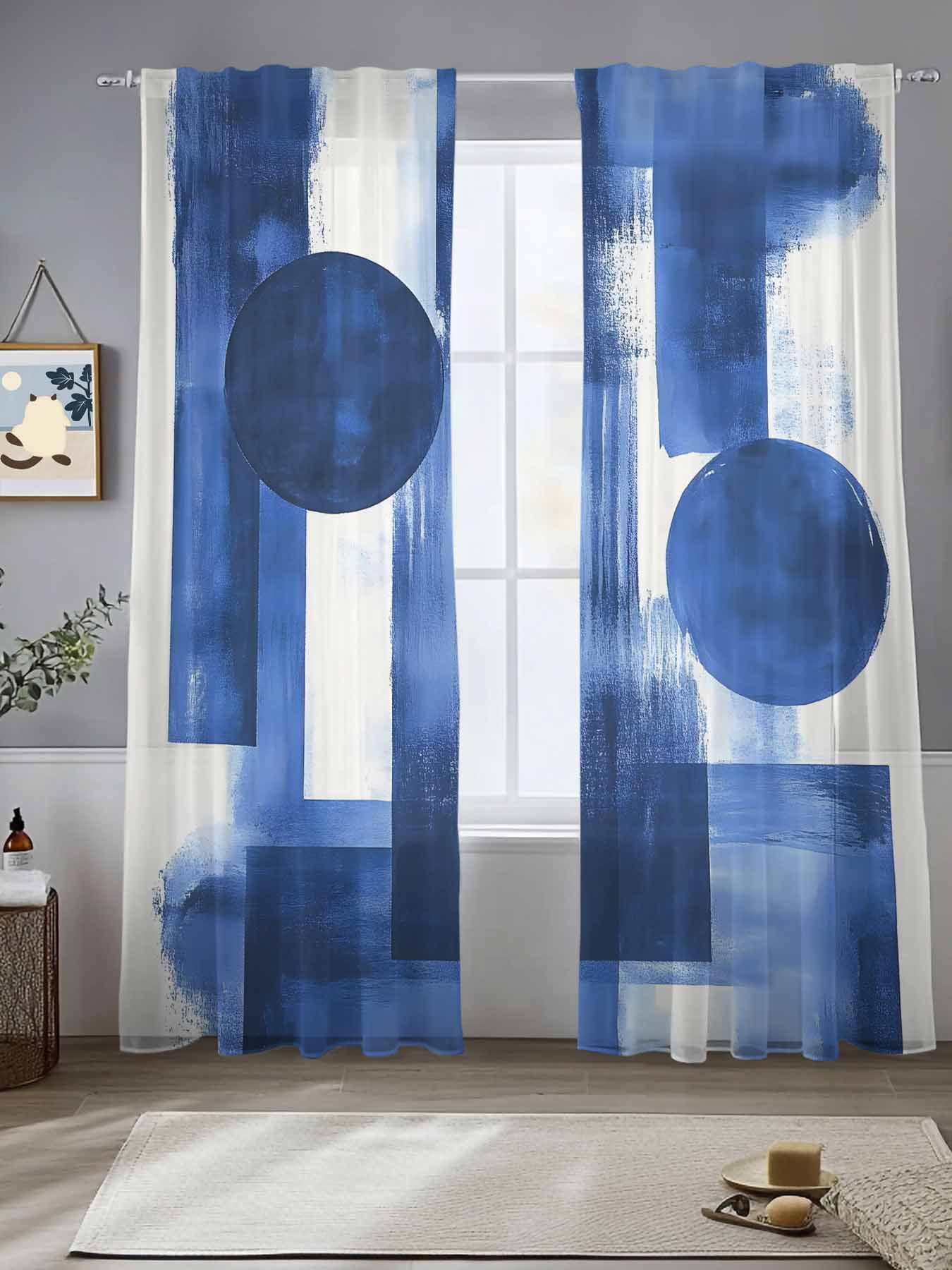 Abstract Color Block Sheer Curtains 108 Inches Long 2 Panels Vintage ...