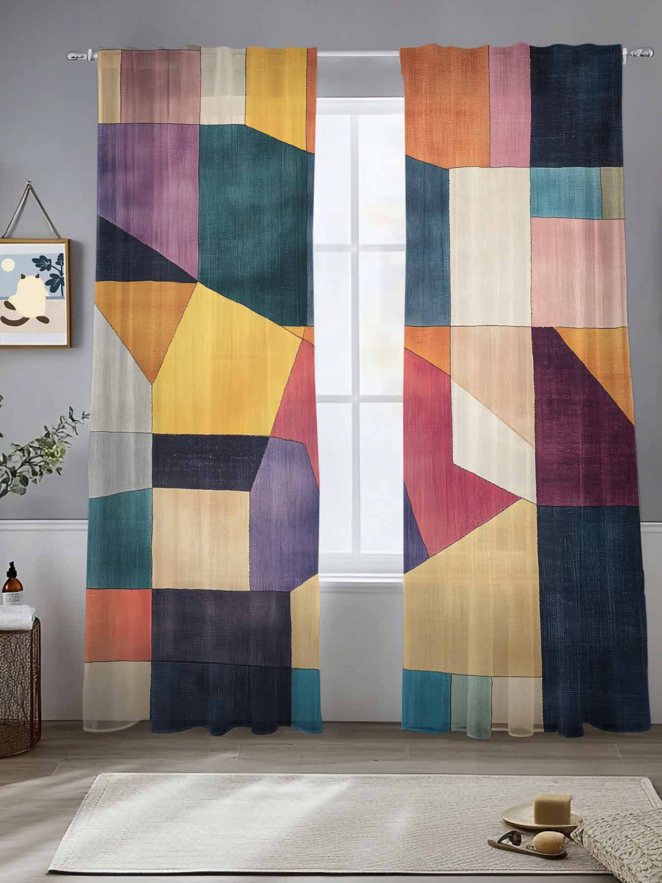 Abstract Color Block Sheer Curtains 108 Inches Long 2 Panels Vintage ...