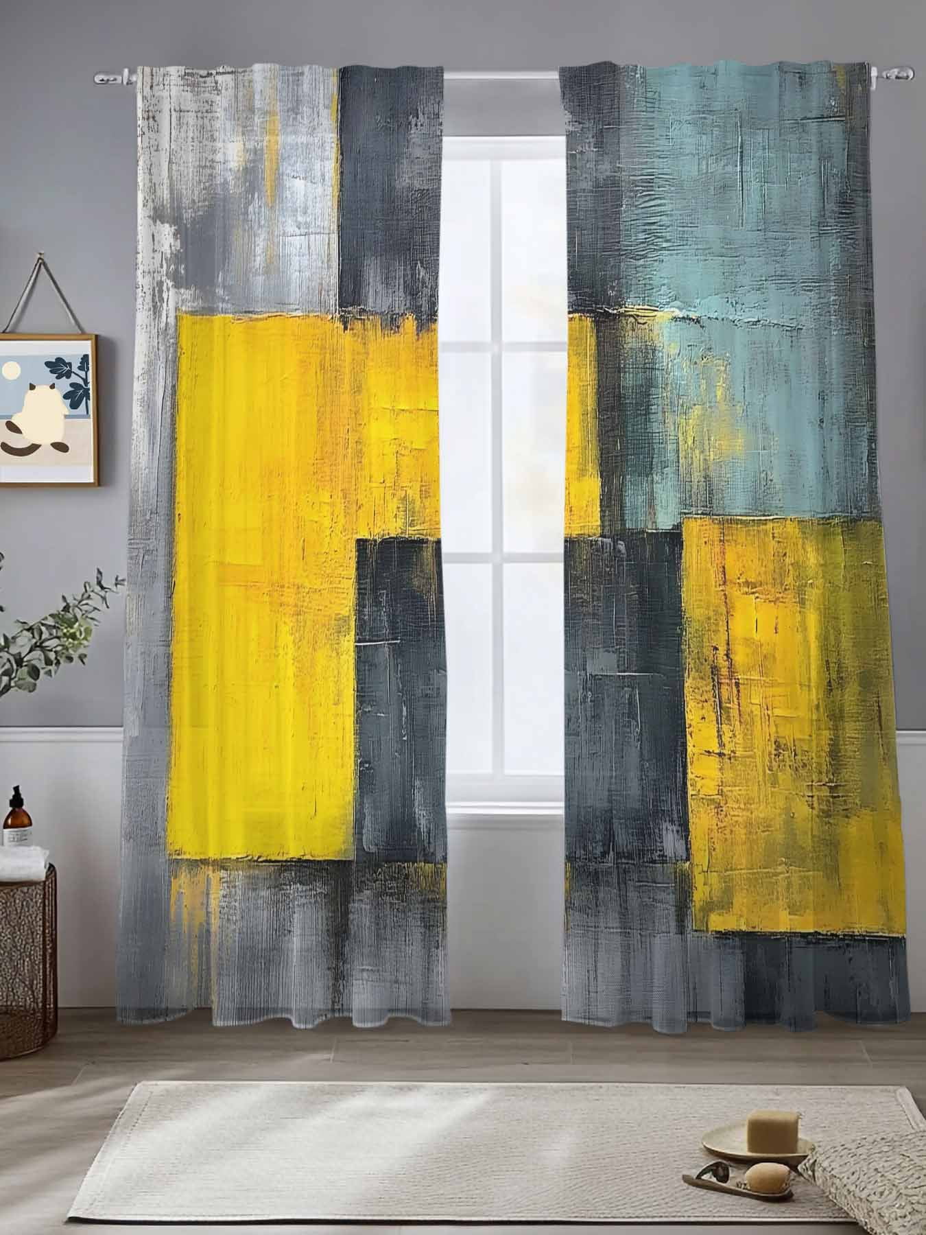 Abstract Color Block Sheer Curtains 108 Inches Long 2 Panels Yellow ...