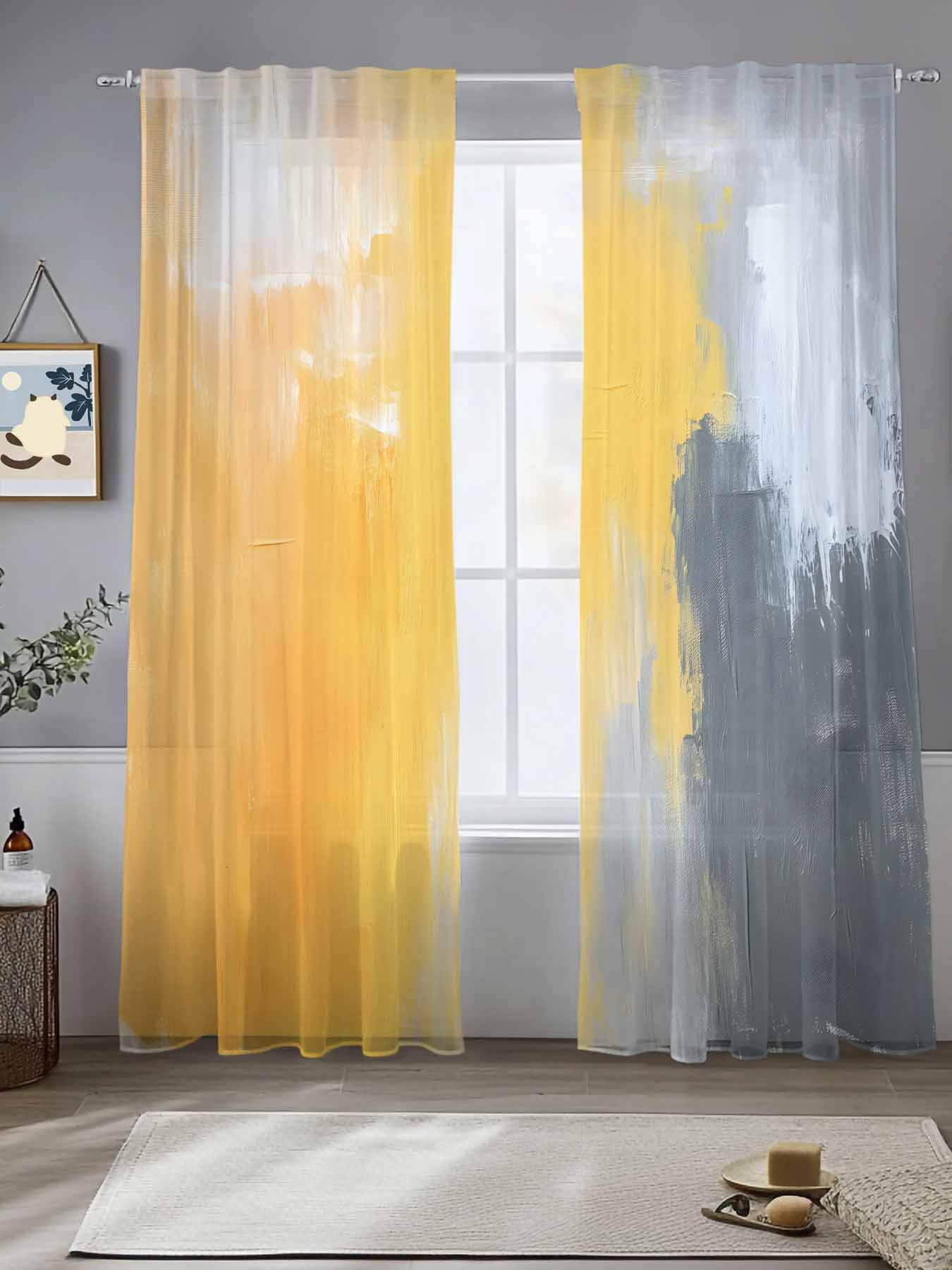Abstract Color Block Sheer Curtains 108 Inches Long 2 Panels Yellow ...