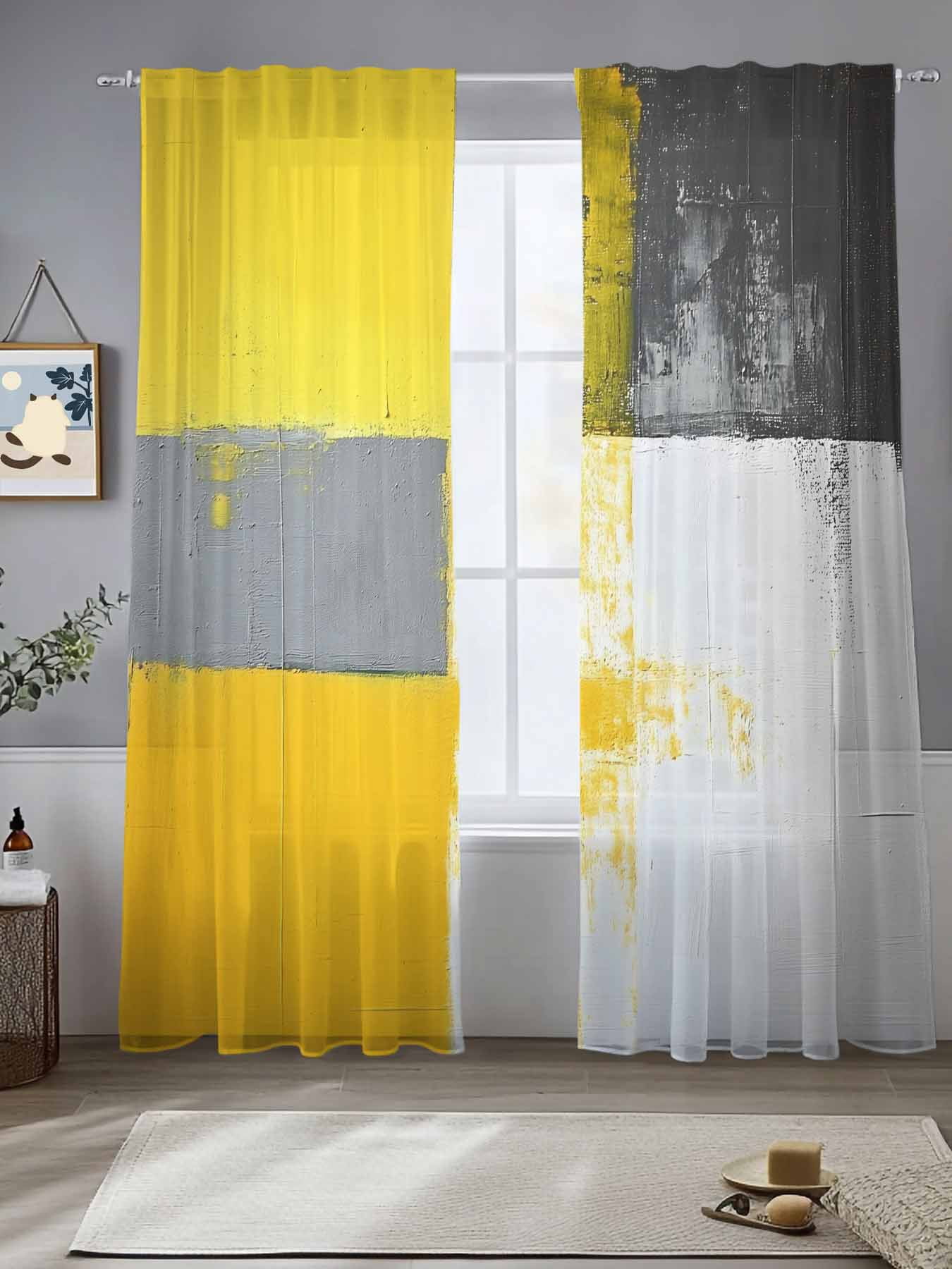 Abstract Color Block Sheer Curtains 108 Inches Long 2 Panels Yellow ...