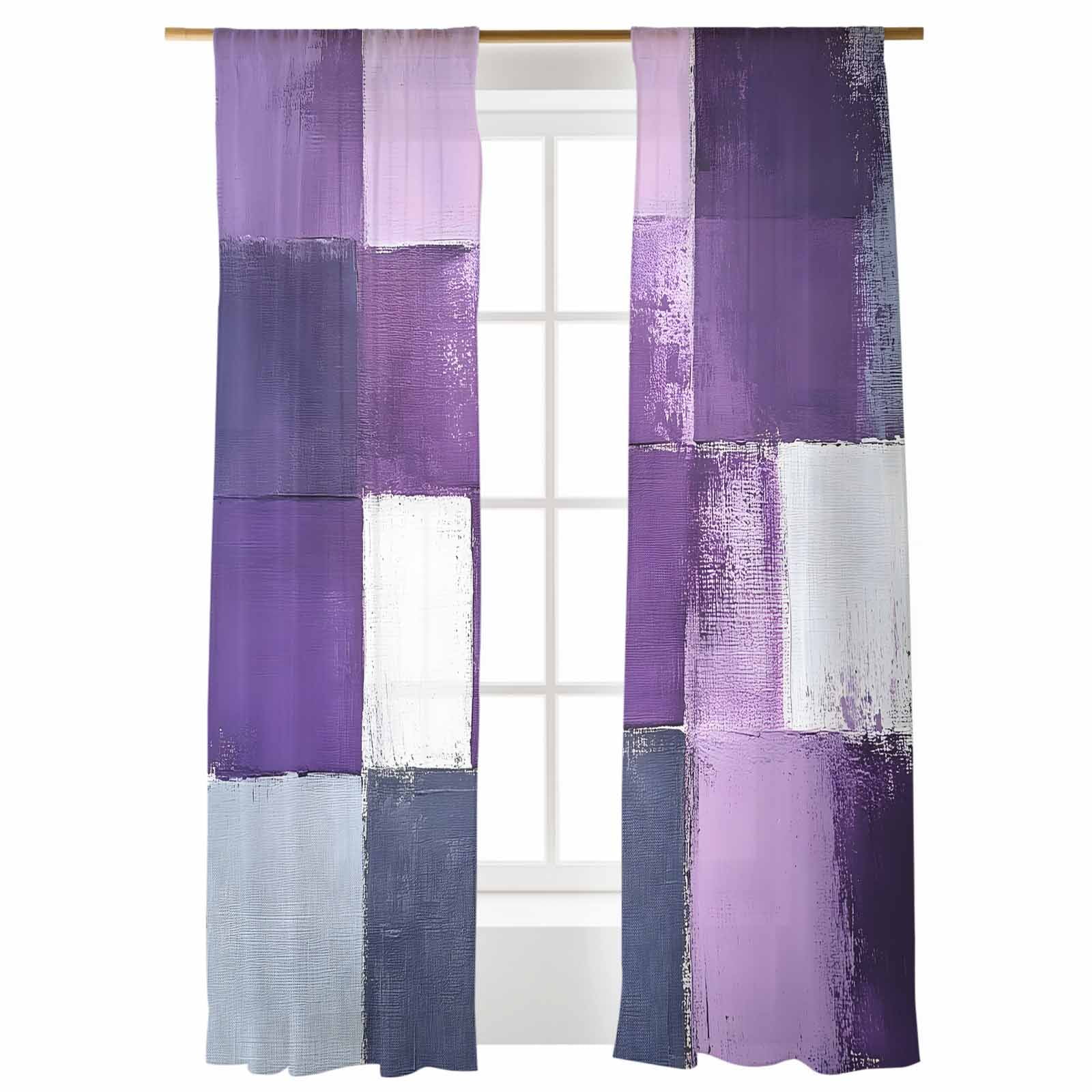 Abstract Color Block Sheer Curtains 108 inches Long 2 Panels Set Dark ...