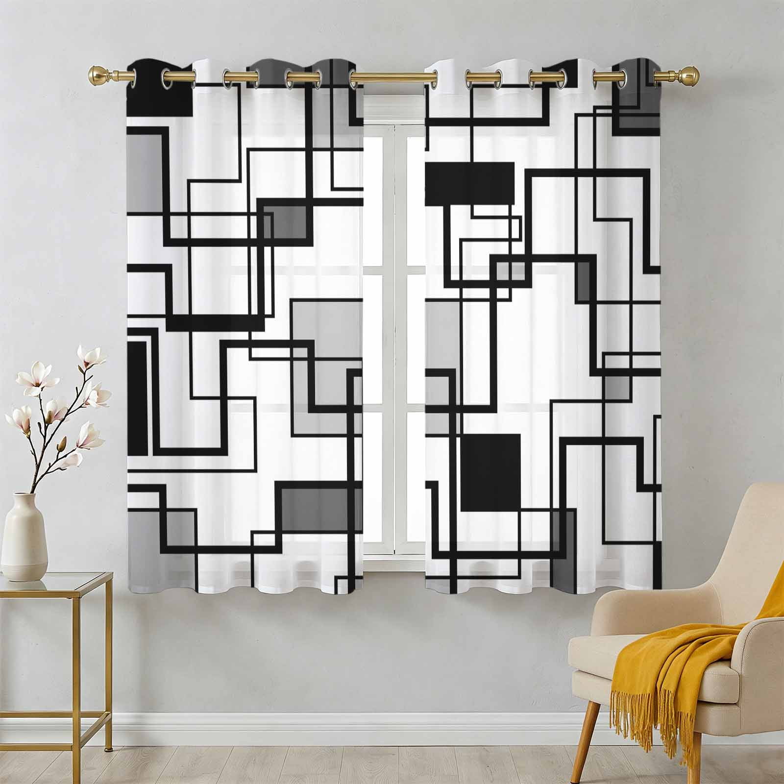 Abstract Color Block Sheer Curtains 39 Inch Long 2 Panels, Black Gray ...