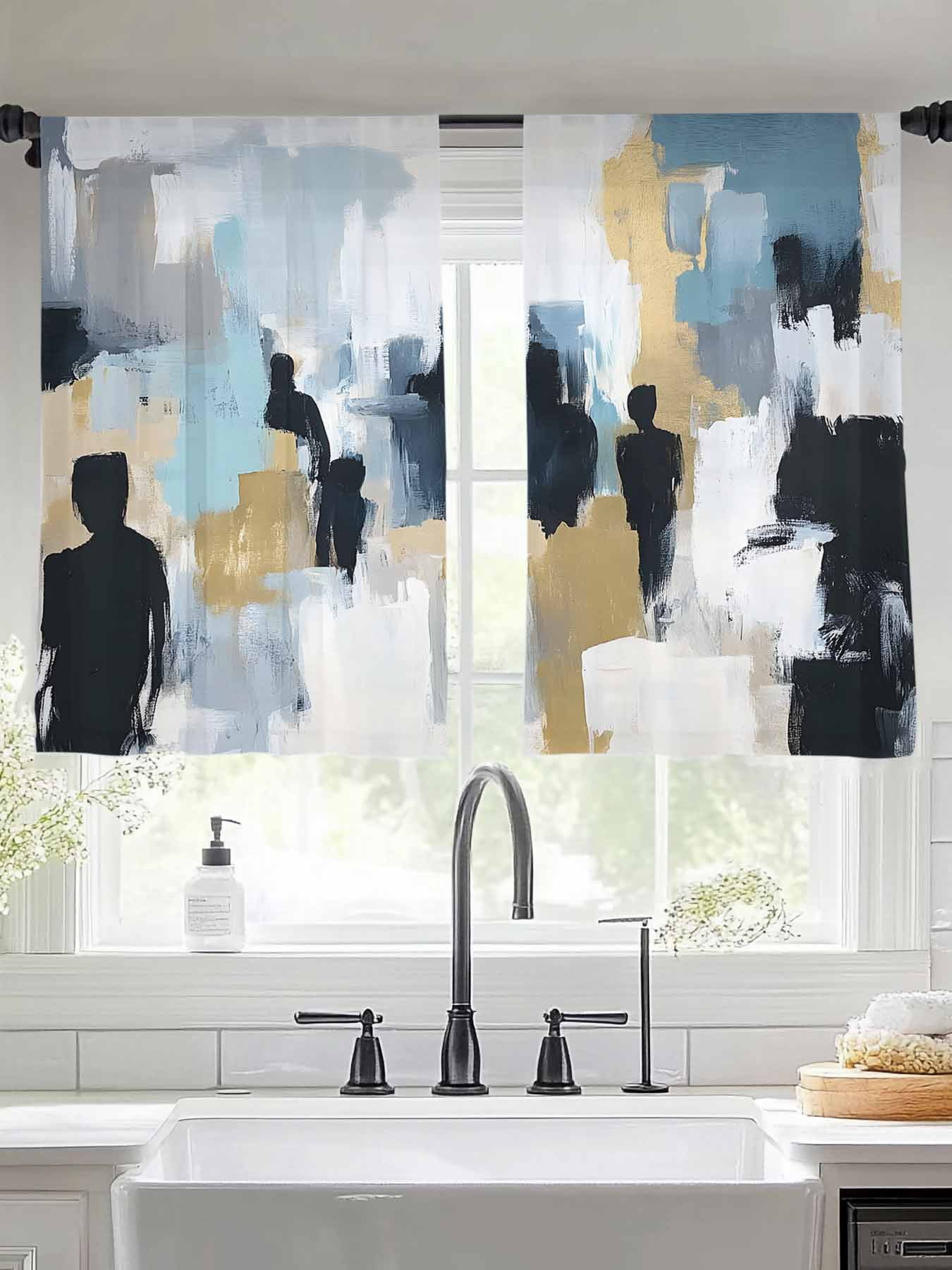 Abstract Color Block Sheer Curtains 45 Inches Long 2 Panels Black Gold ...