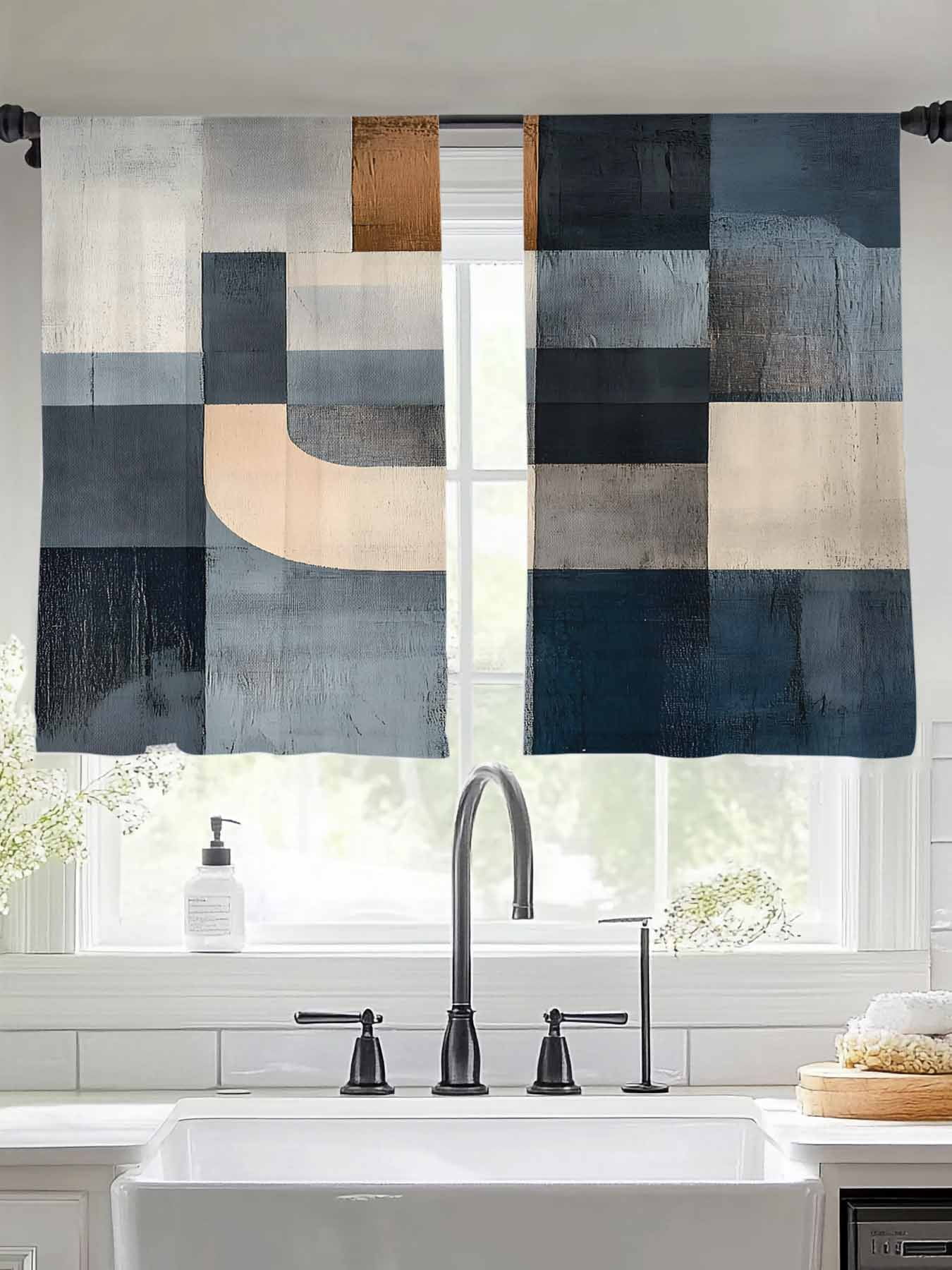 Abstract Color Block Sheer Curtains 45 Inches Long 2 Panels Grey Blue ...