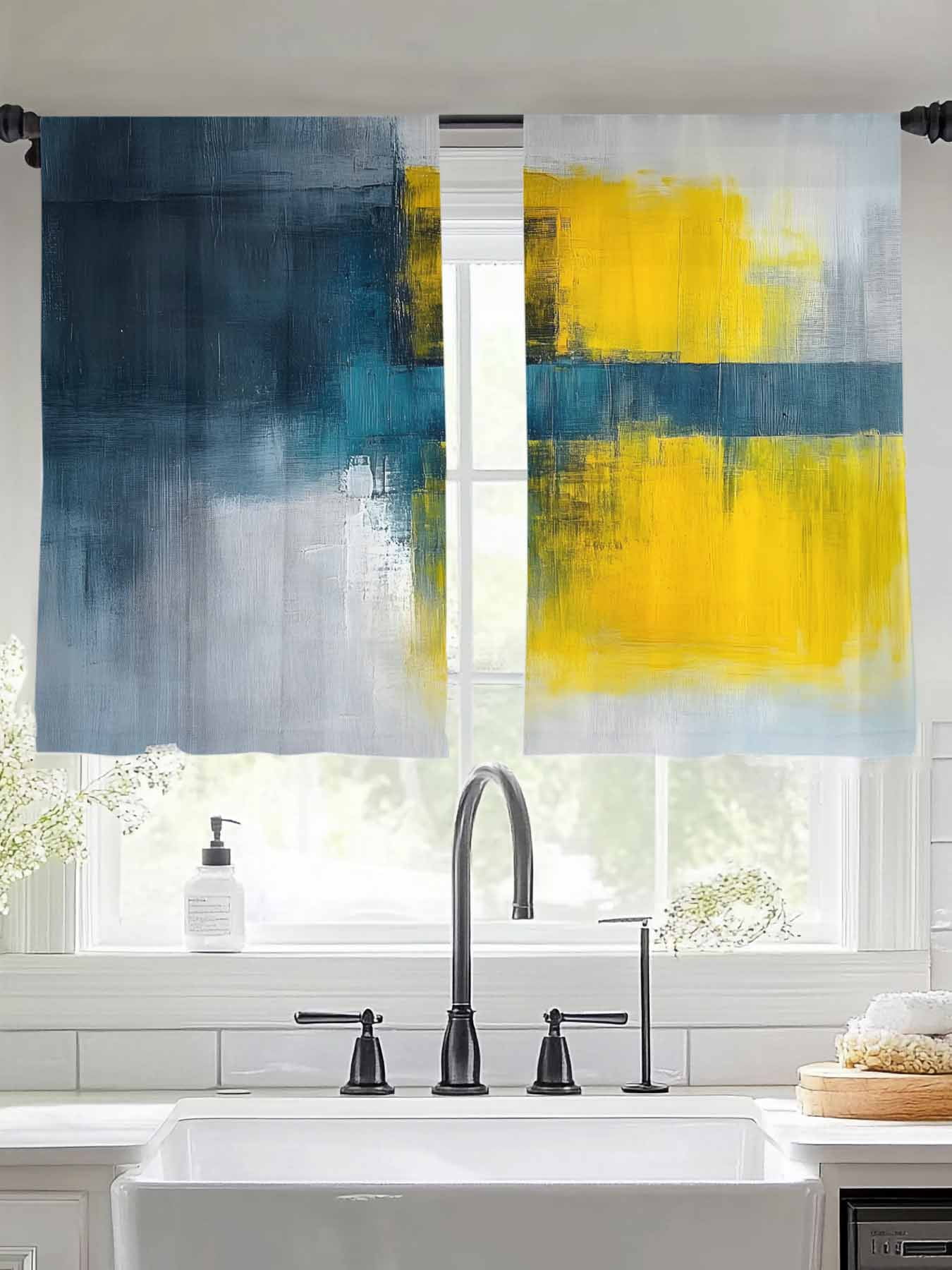 Abstract Color Block Sheer Curtains 45 Inches Long 2 Panels Yellow ...