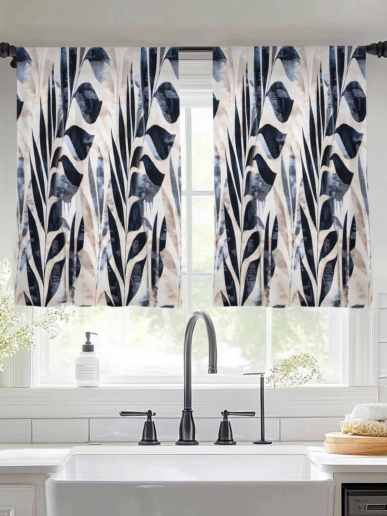 Abstract Color Block Sheer Curtains 54 Inches Long 2 Panels Black Leaf ...