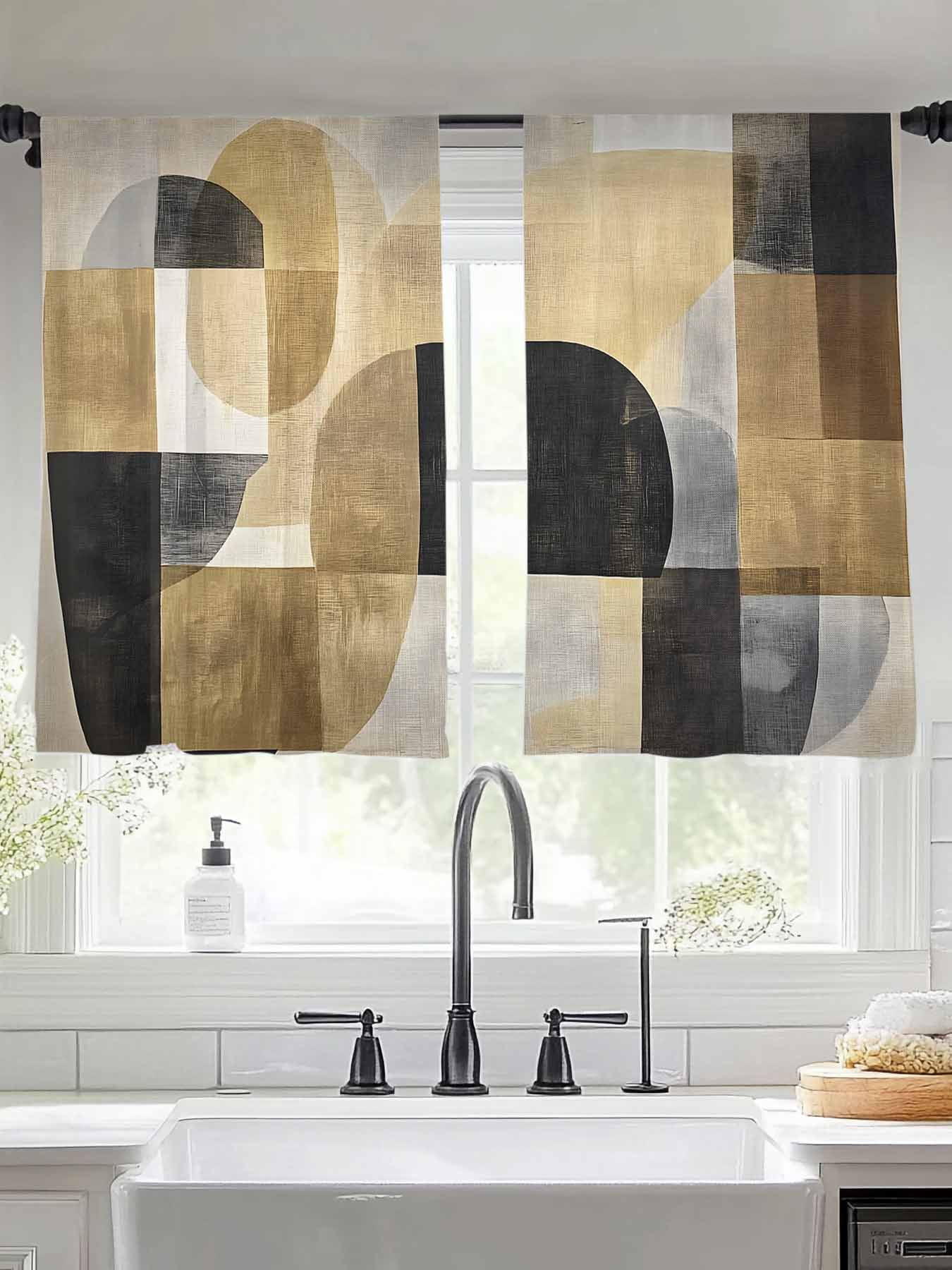Abstract Color Block Sheer Curtains 54 Inches Long 2 Panels Brown Grey ...