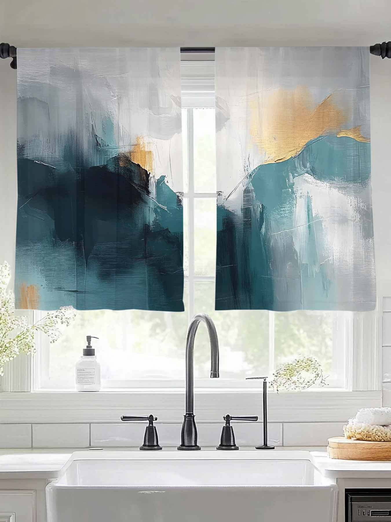 Abstract Color Block Sheer Curtains 54 Inches Long 2 Panels Gradient ...