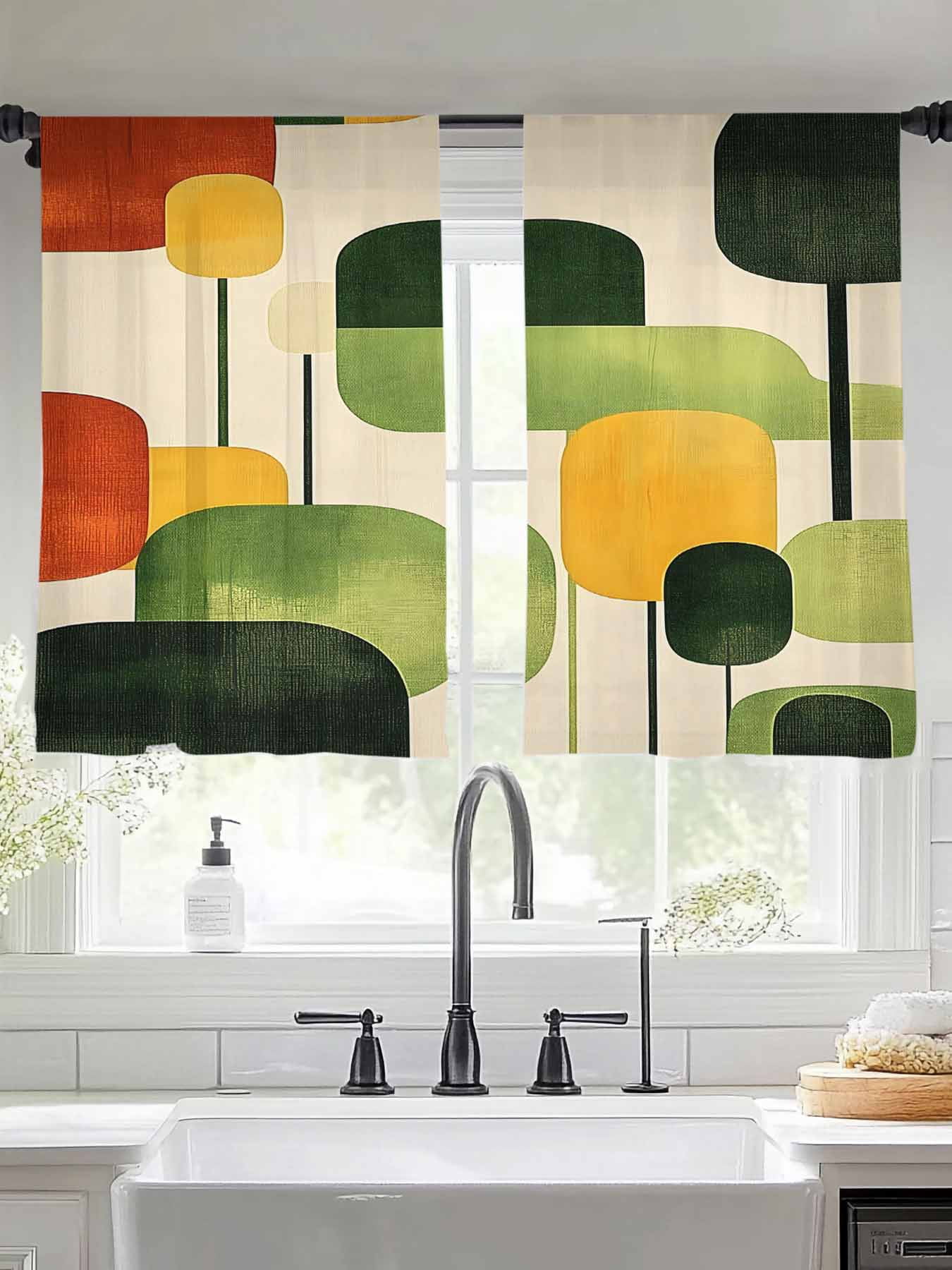 Abstract Color Block Sheer Curtains 54 Inches Long 2 Panels Green ...