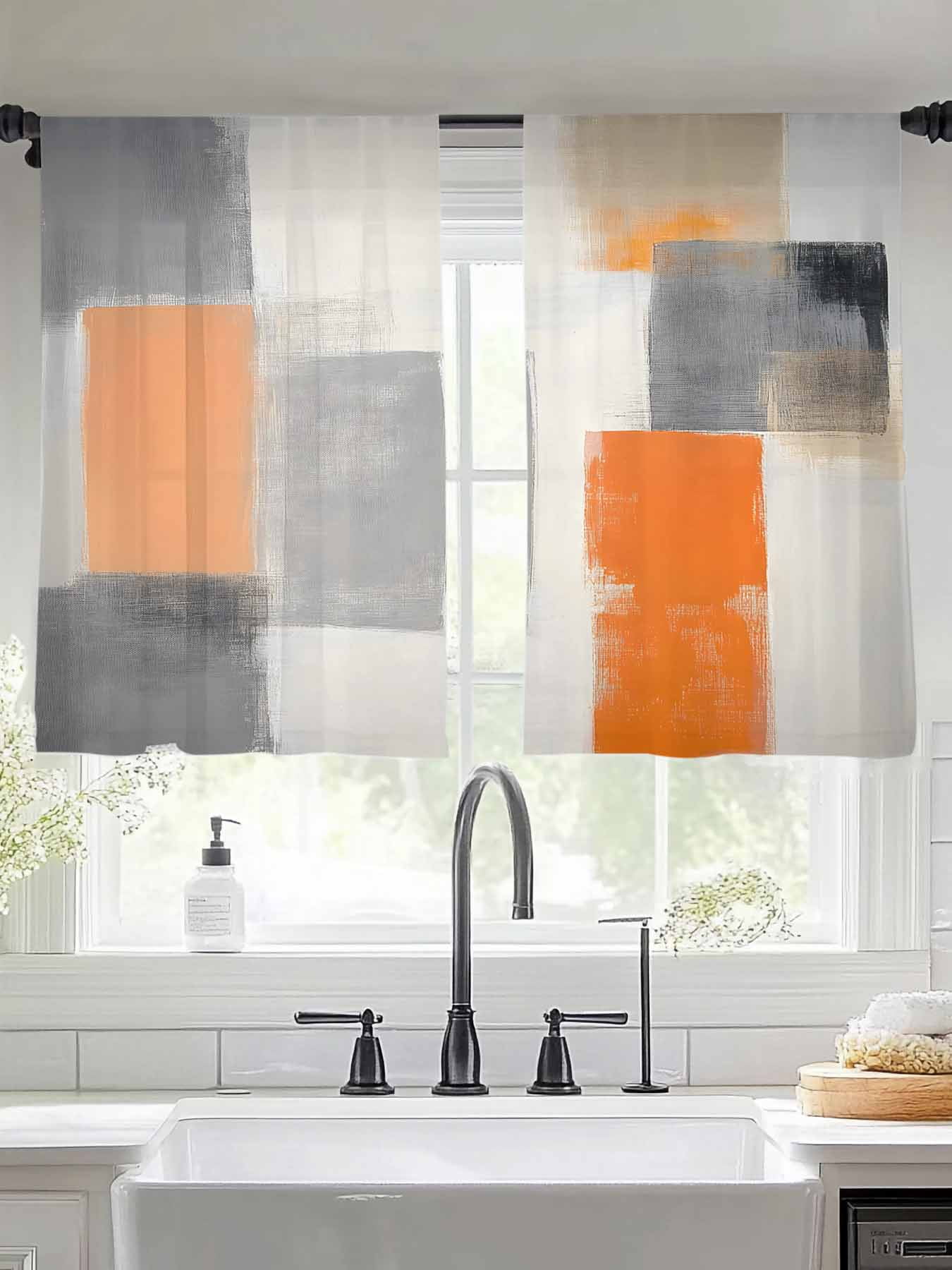 Abstract Color Block Sheer Curtains 54 Inches Long 2 Panels Grey Orange ...