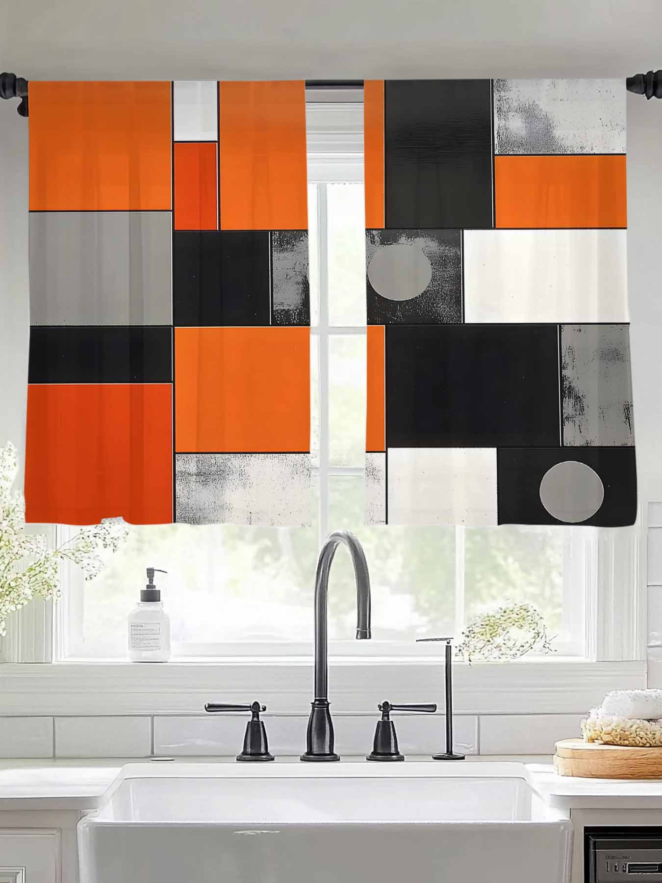 Abstract Color Block Sheer Curtains 54 Inches Long 2 Panels Orange ...