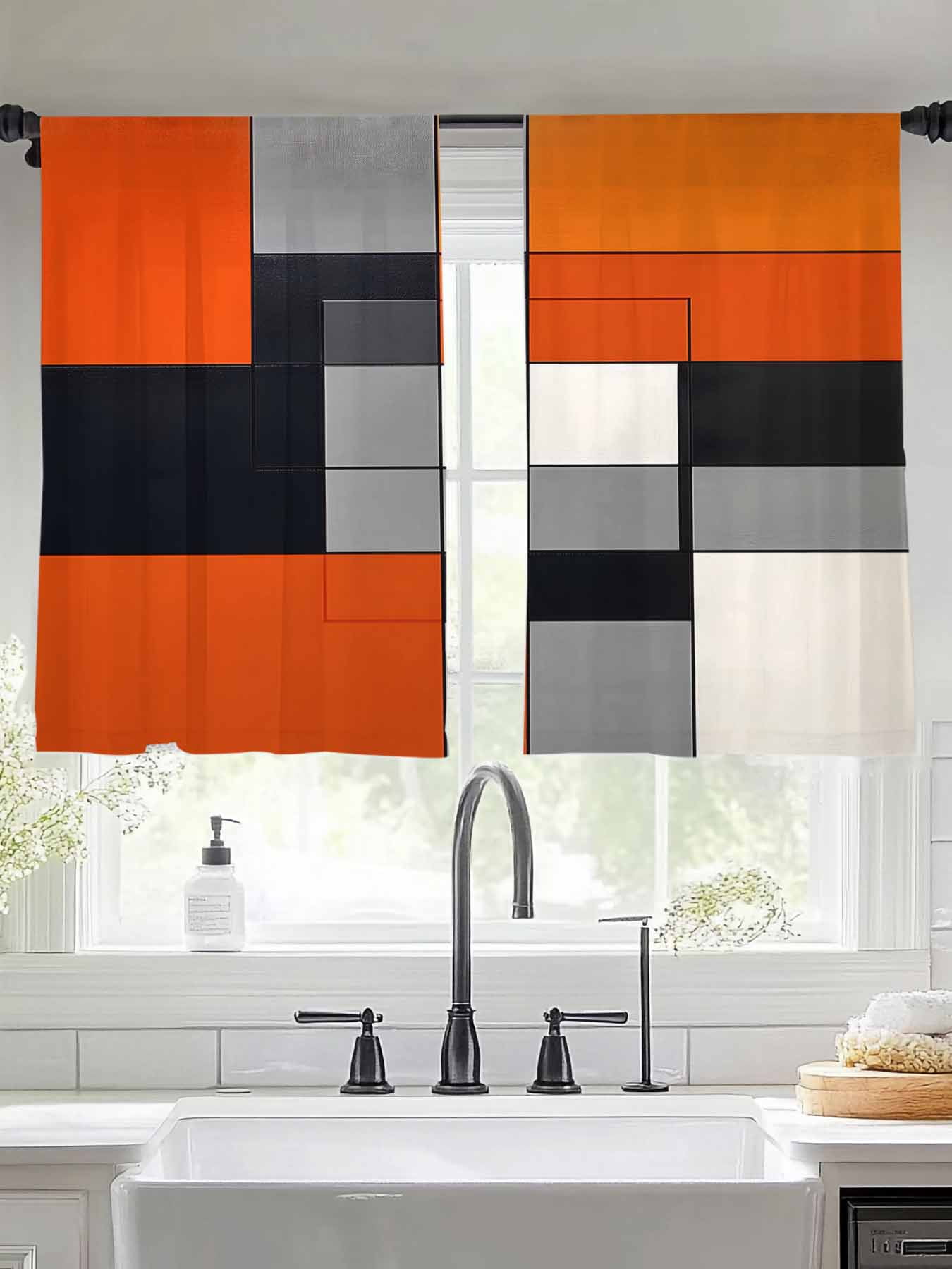 Abstract Color Block Sheer Curtains 54 Inches Long 2 Panels Orange Grey ...