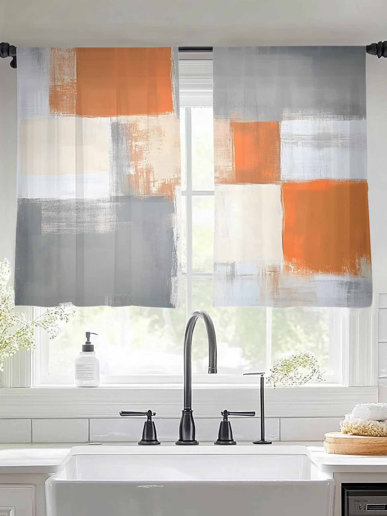 Abstract Color Block Sheer Curtains 54 Inches Long 2 Panels Orange Grey ...
