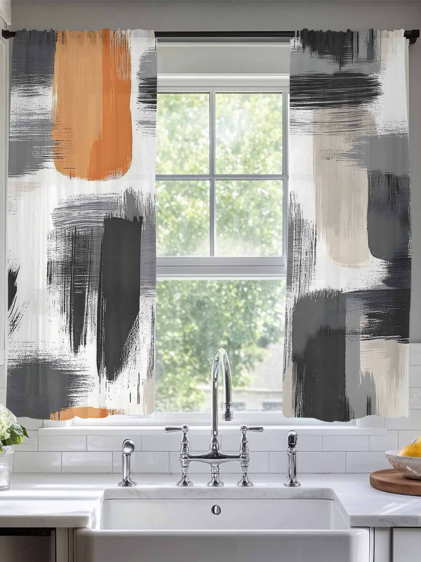 Abstract Color Block Sheer Curtains 63 Inches Long 2 Panels Beige Black ...