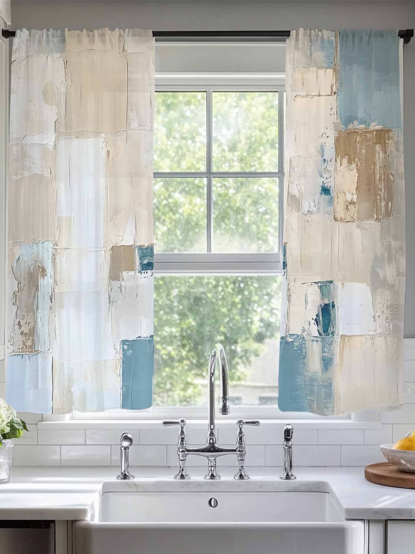 Abstract Color Block Sheer Curtains 63 Inches Long 2 Panels Beige ...