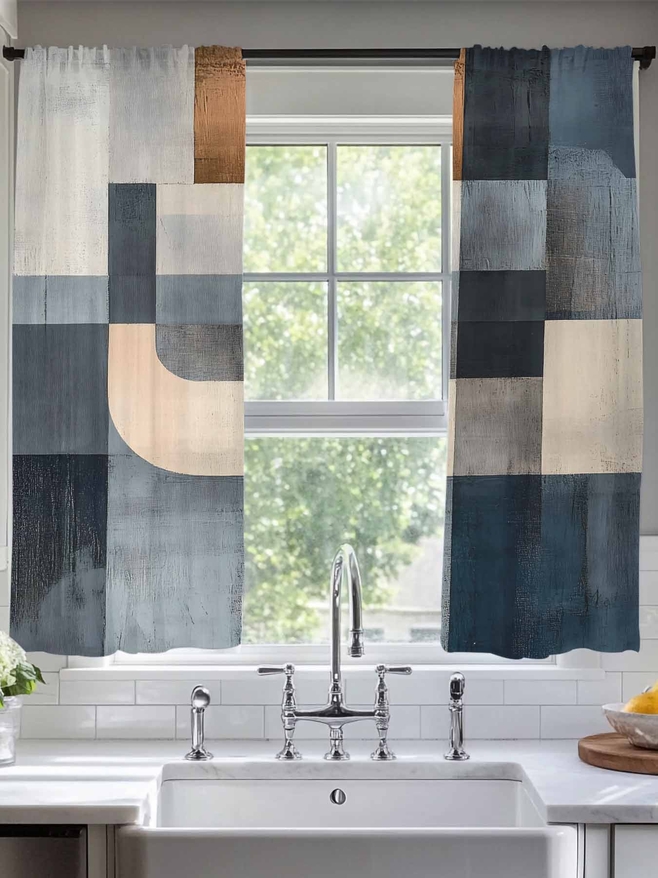 Abstract Color Block Sheer Curtains 63 Inches Long 2 Panels Grey Blue ...