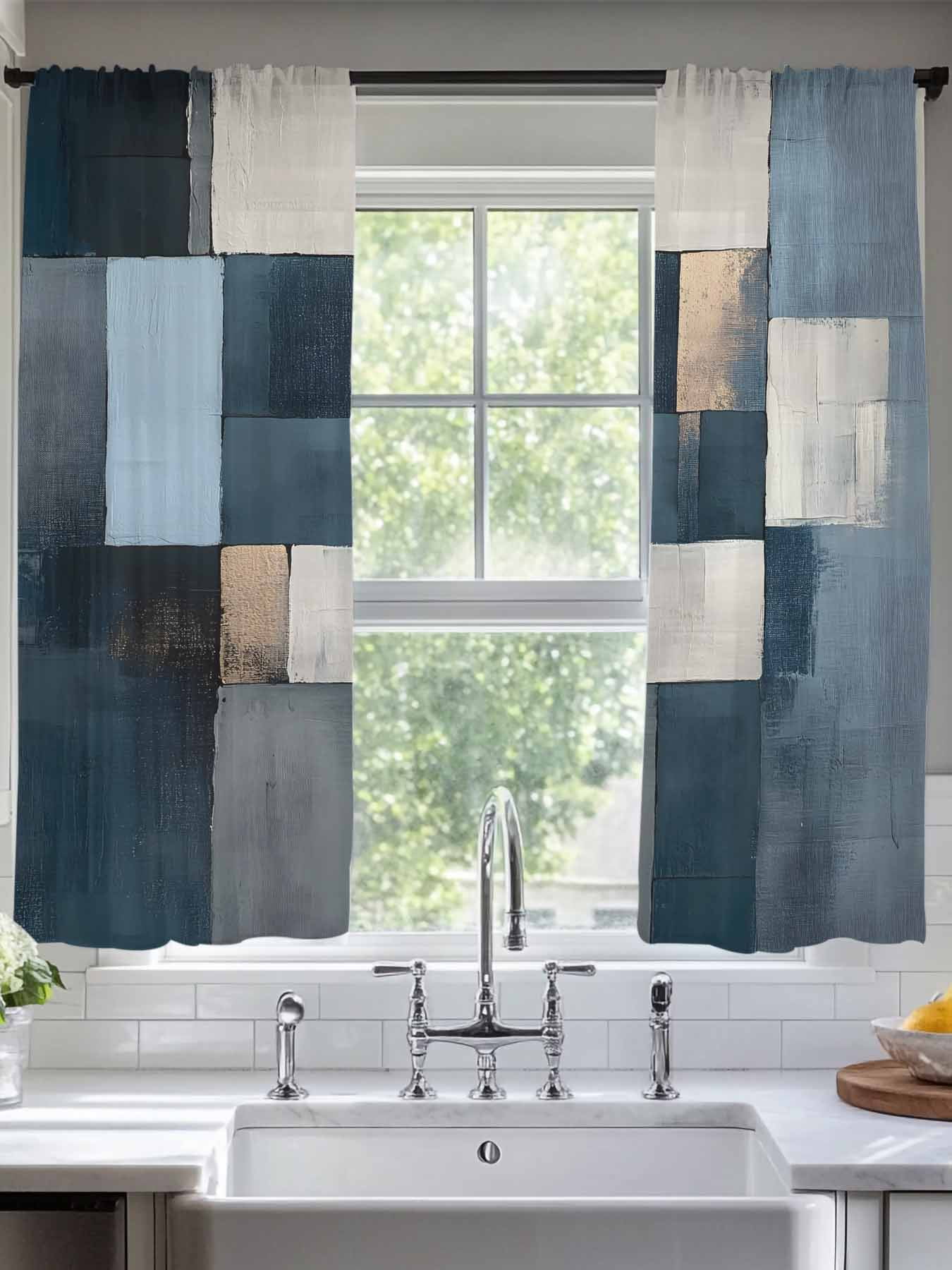 Abstract Color Block Sheer Curtains 63 Inches Long 2 Panels Grey Blue ...