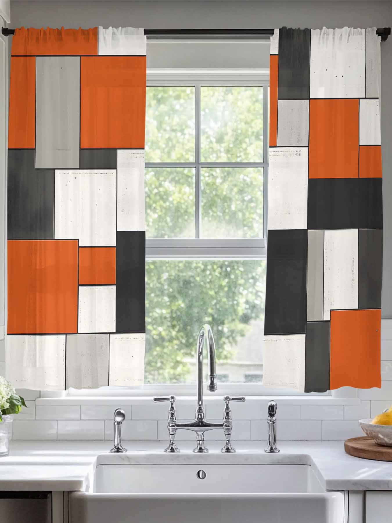 Abstract Color Block Sheer Curtains 63 Inches Long 2 Panels Orange ...
