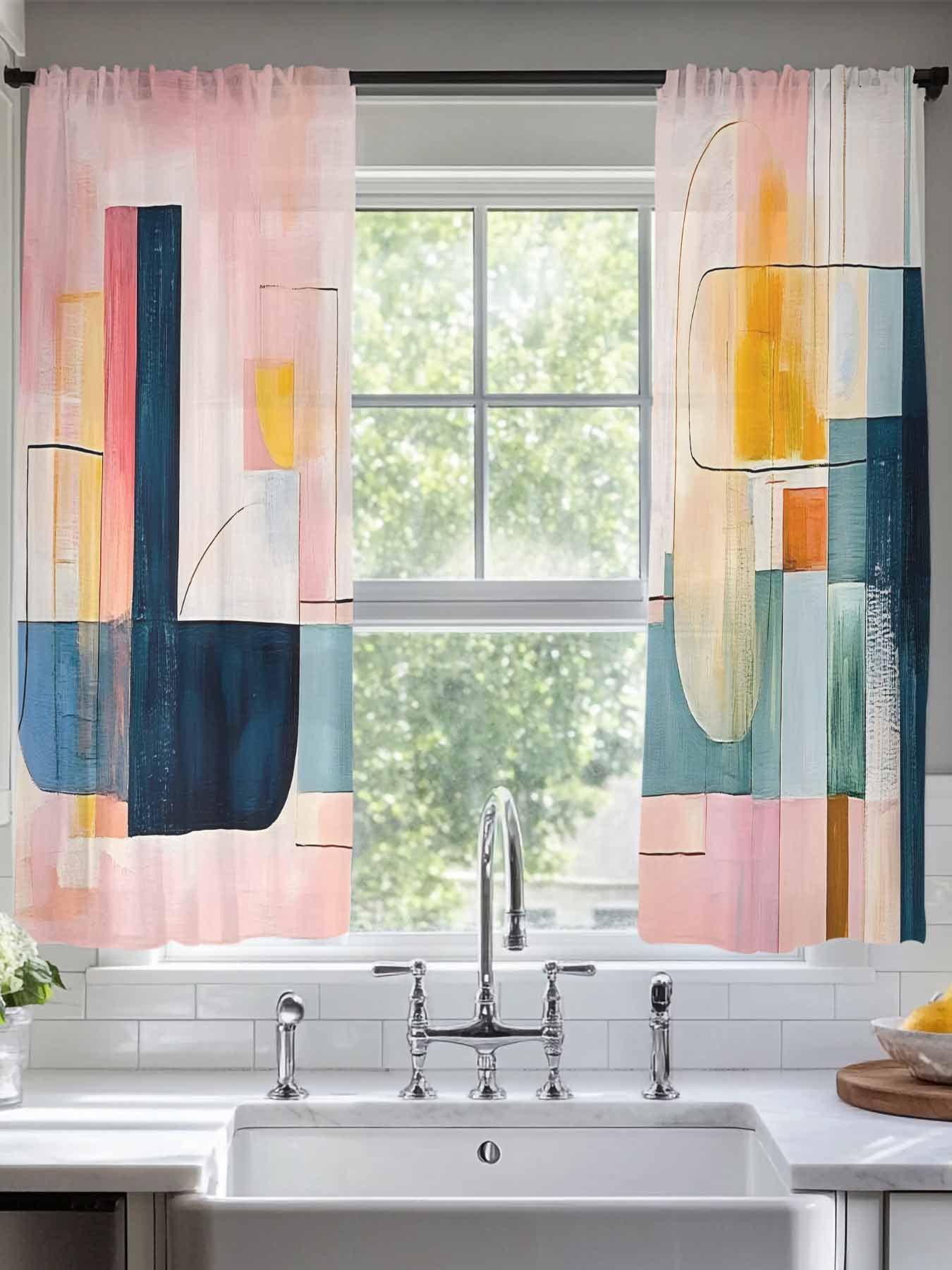 Abstract Color Block Sheer Curtains 63 Inches Long 2 Panels Pink Yelow ...