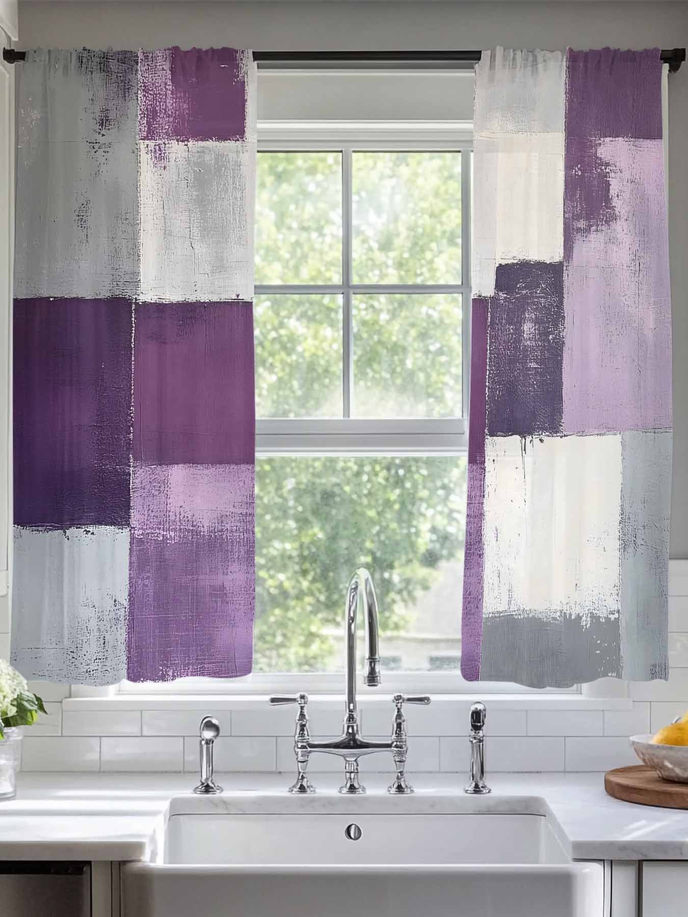 Abstract Color Block Sheer Curtains 63 Inches Long 2 Panels Purple ...
