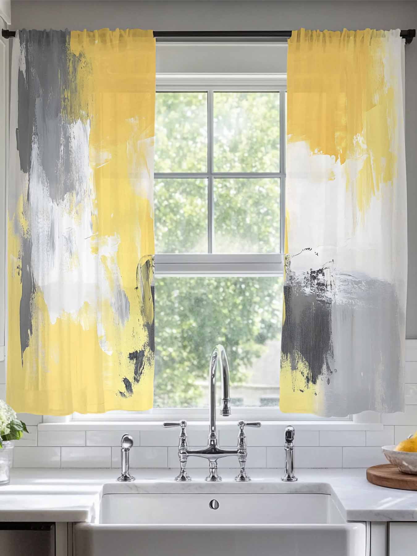 Abstract Color Block Sheer Curtains 63 Inches Long 2 Panels Yellow Gery ...