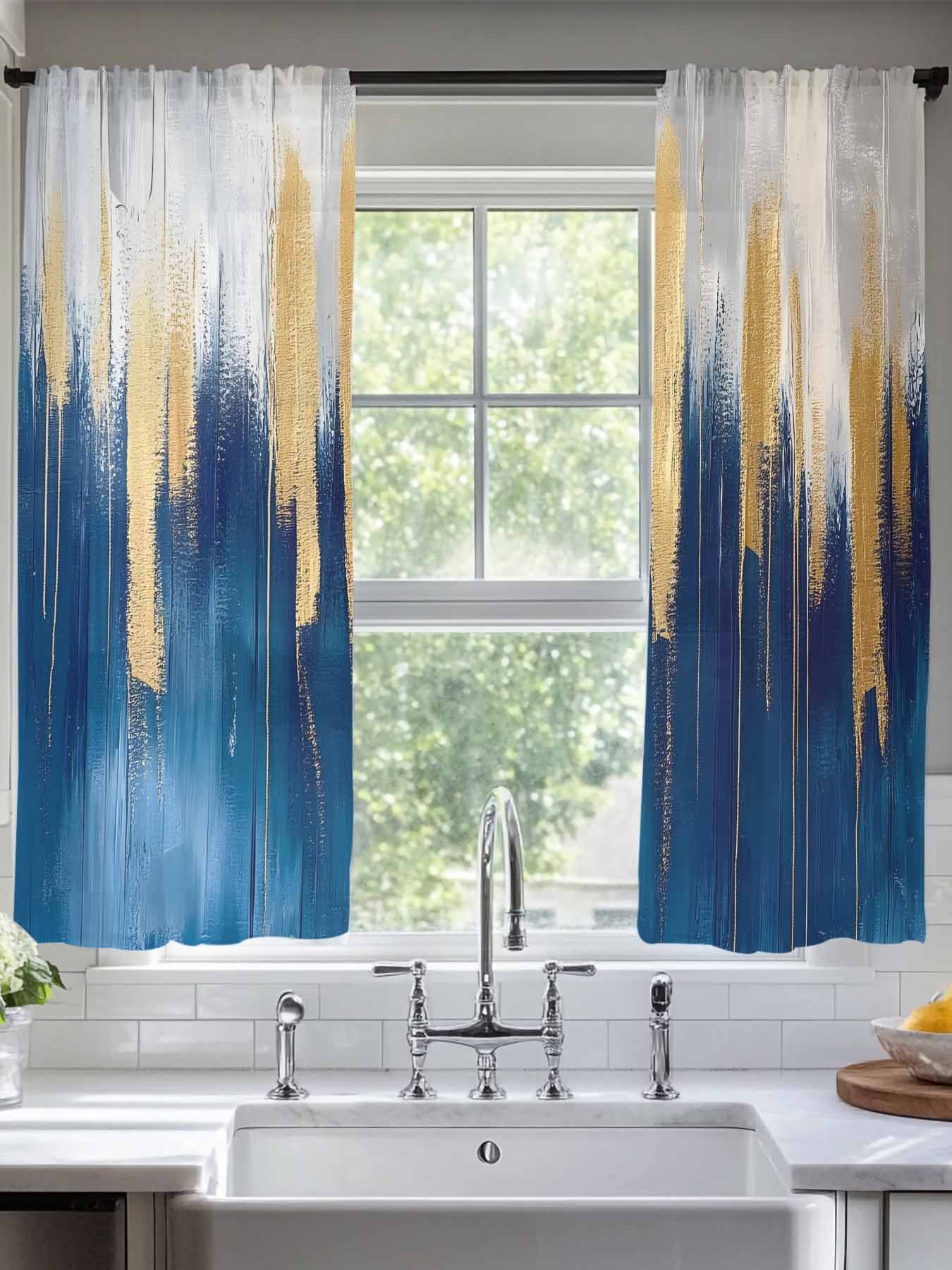 Abstract Color Block Sheer Curtains 72 Inches Long 2 Panels Navy Block ...