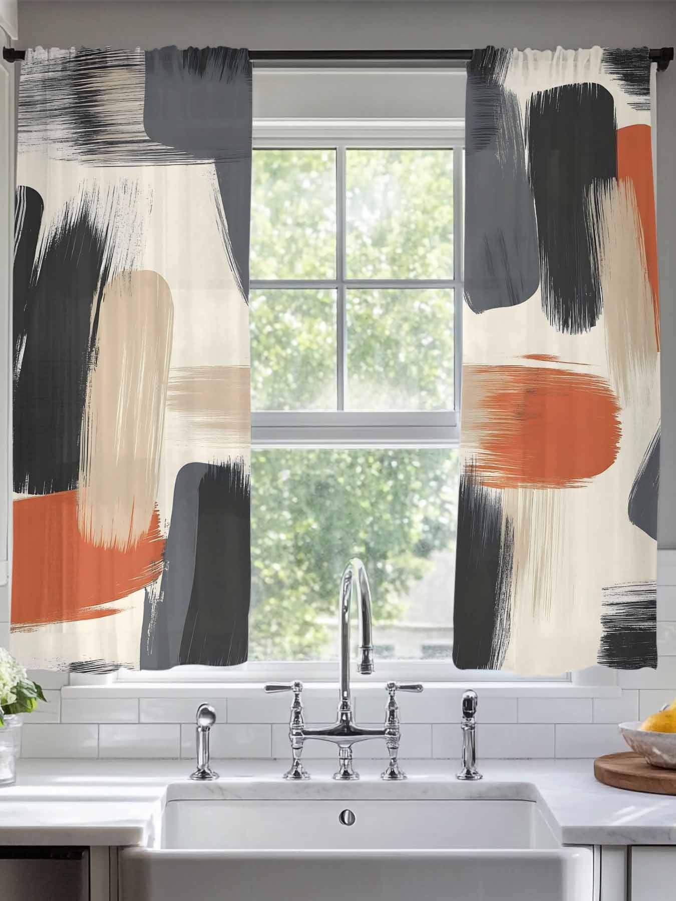 Abstract Color Block Sheer Curtains 72 Inches Long 2 Panels Orange ...
