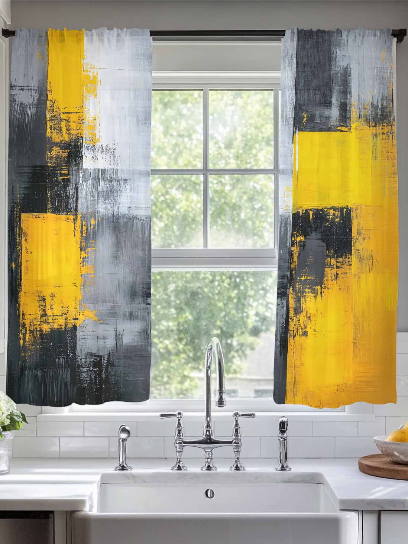 Abstract Color Block Sheer Curtains 72 Inches Long 2 Panels Yellow ...