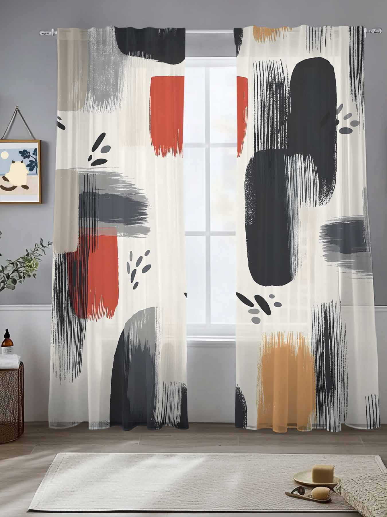 Abstract Color Block Sheer Curtains 84 Inches Long 2 Panels Beige Black ...