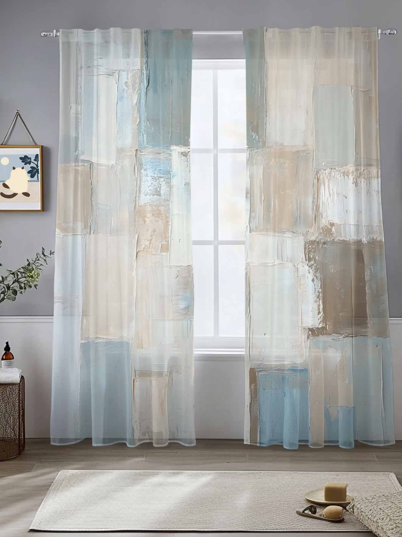 Abstract Color Block Sheer Curtains 84 Inches Long 2 Panels Beige Blue ...